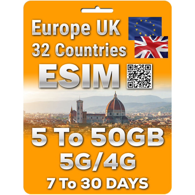 eSIM Europe UK (32 Countries) | 5G/4G Data Plan 7–30 Days – SimPower.com.au